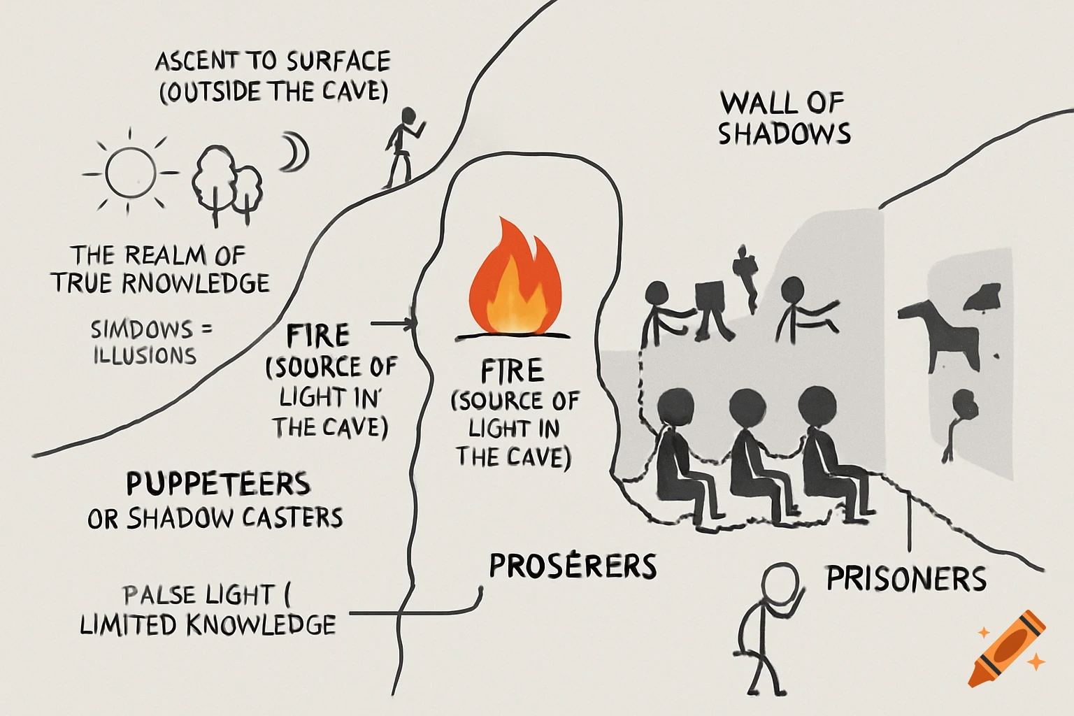 A hand-drawn diagram illustrating Plato's Allegory of the Cave, showing ...