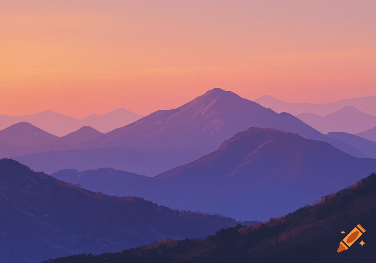 Stylized purple and blue mountains layered against an orange and pink ...