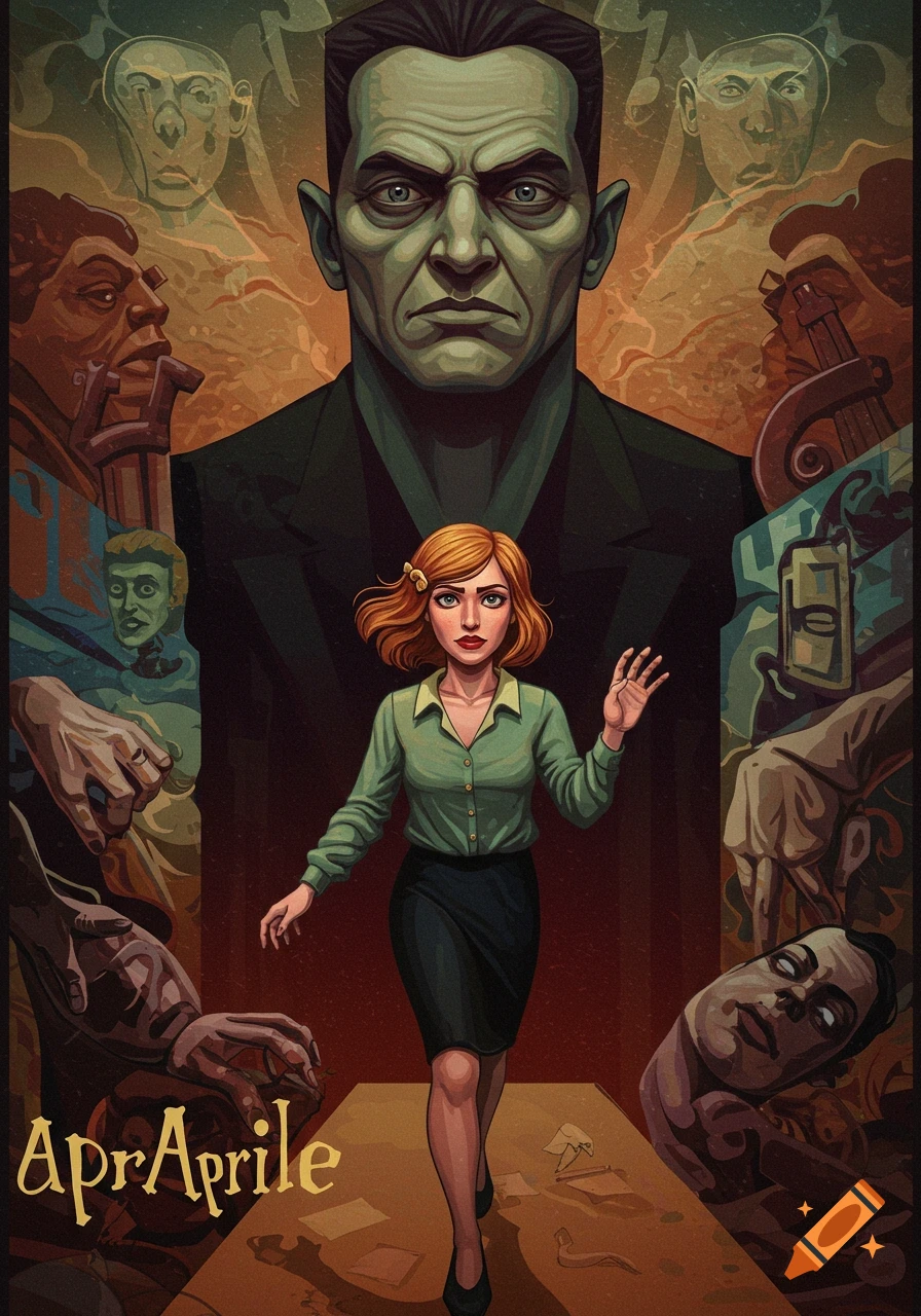 A stylized poster with a large, stern man's face, a woman walking ...