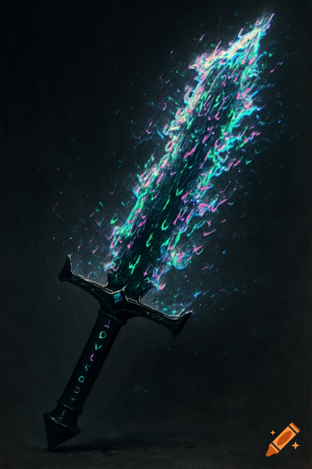 A dark, spectral sword with a blade made of flickering neon green, pink ...