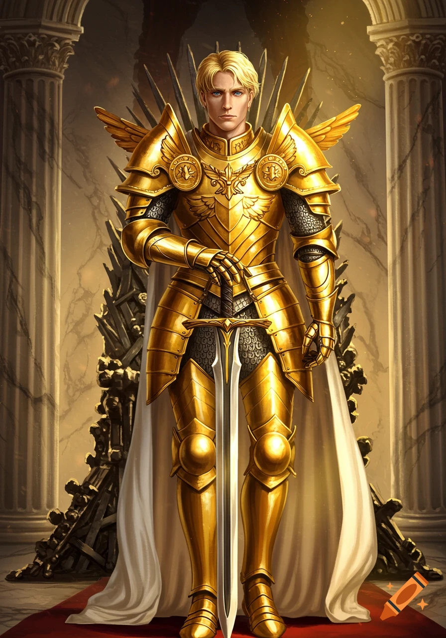 A blonde prince in shining golden armor stands in a grand marble hall ...
