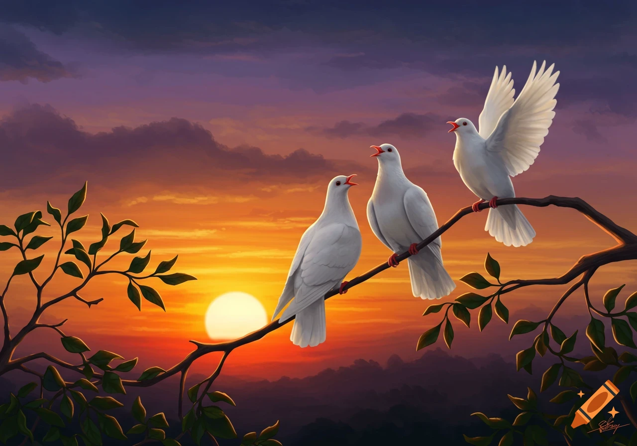 Three white doves perch on a tree branch against a vibrant orange and ...
