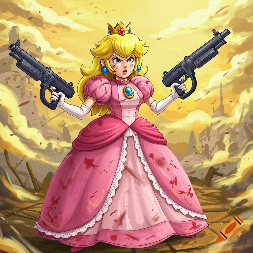 Princess Peach holding two large guns, with blood splatters on her pink ...