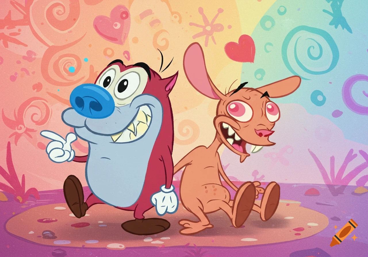 Ren and Stimpy smiling together on a colorful, abstract background with hearts and swirls. on ...