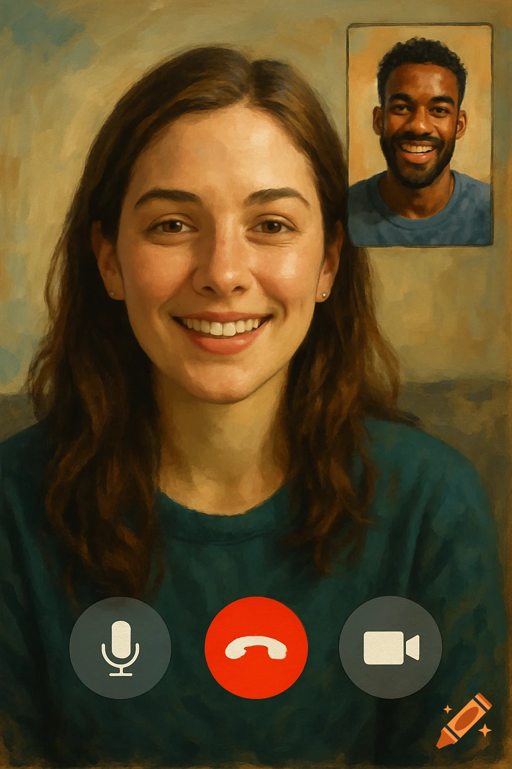 An oil painting of a woman smiling during a video call, with a man's ...