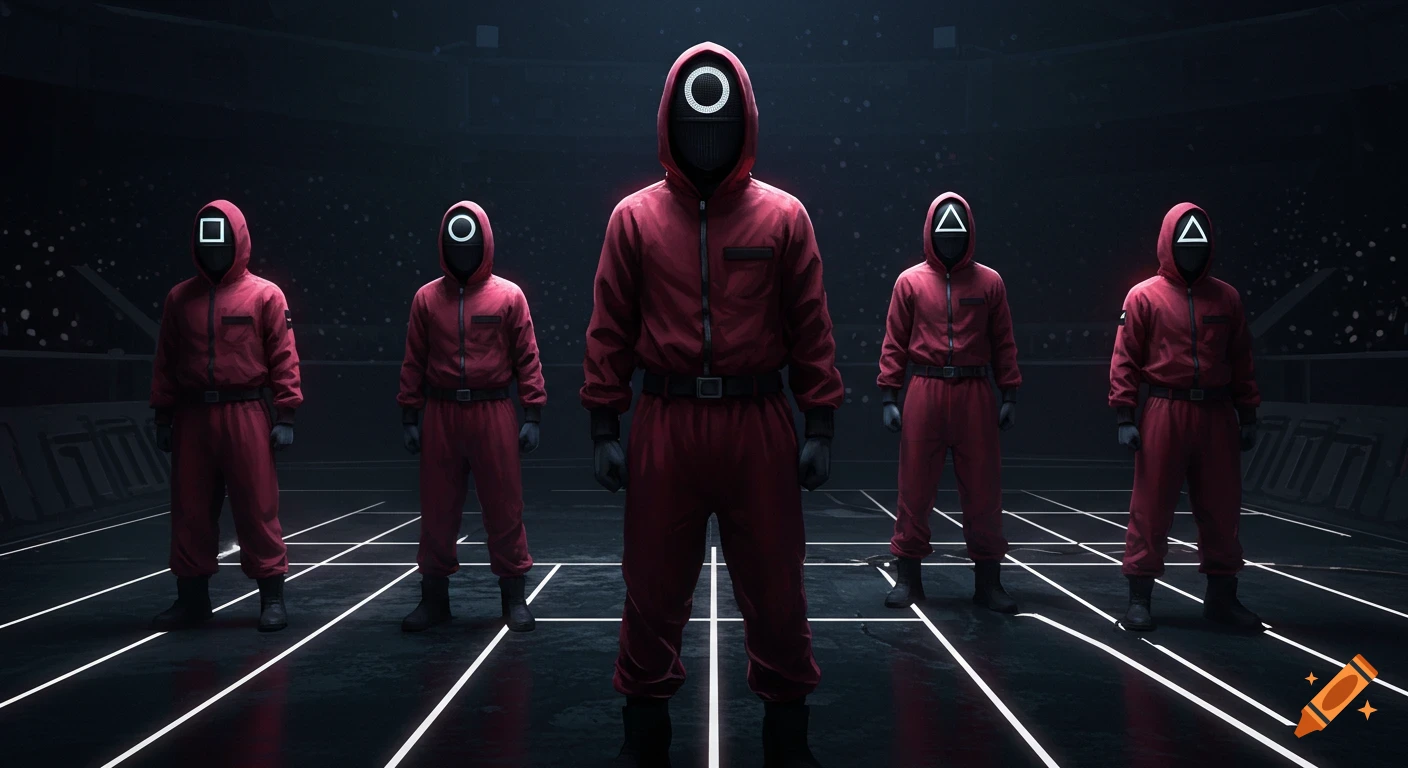 Five masked guards in red jumpsuits with geometric symbols on their ...