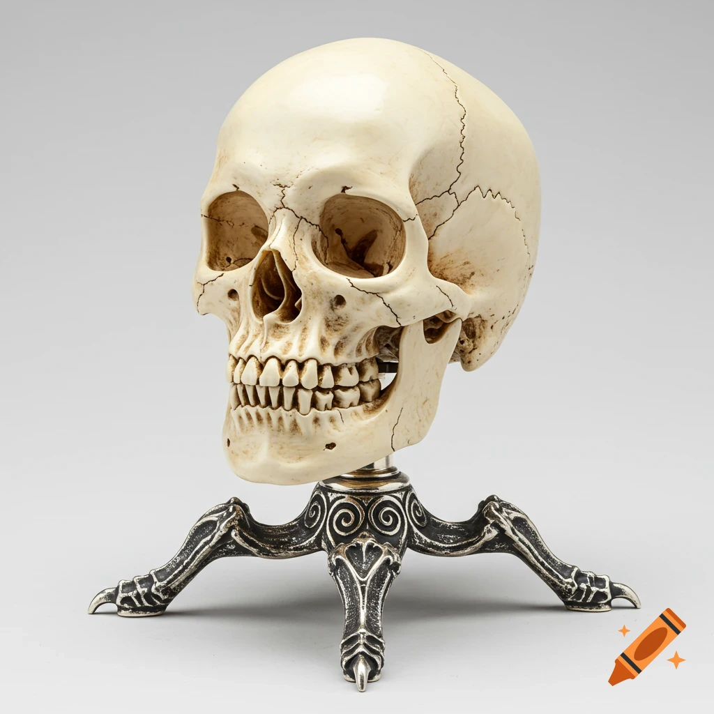 Photorealistic image of a detailed ivory human skull on an ornate ...