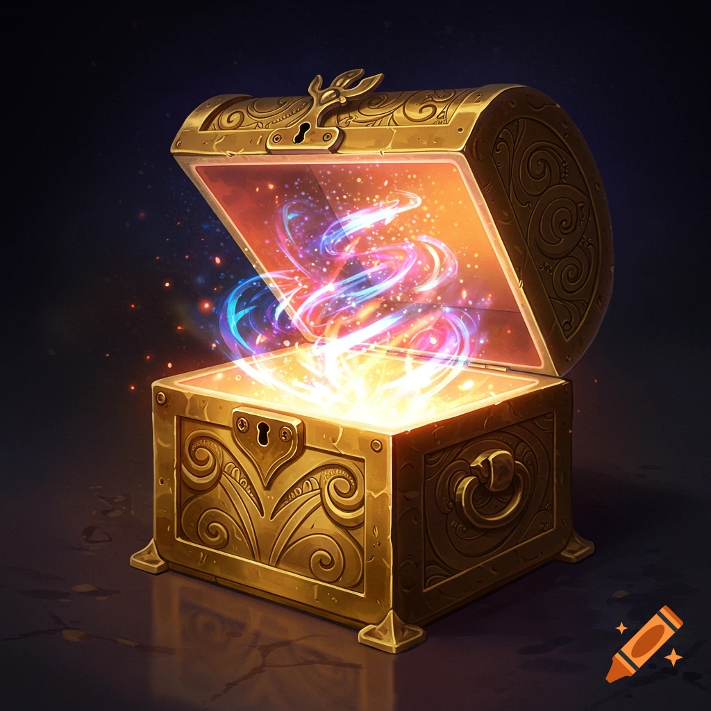 An open, ornate golden treasure chest emitting bright, colorful magical ...