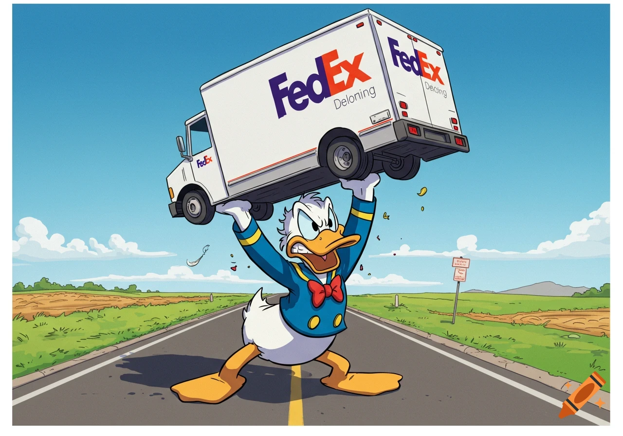 A cartoon Donald Duck in his sailor suit angrily lifts a white FedEx ...