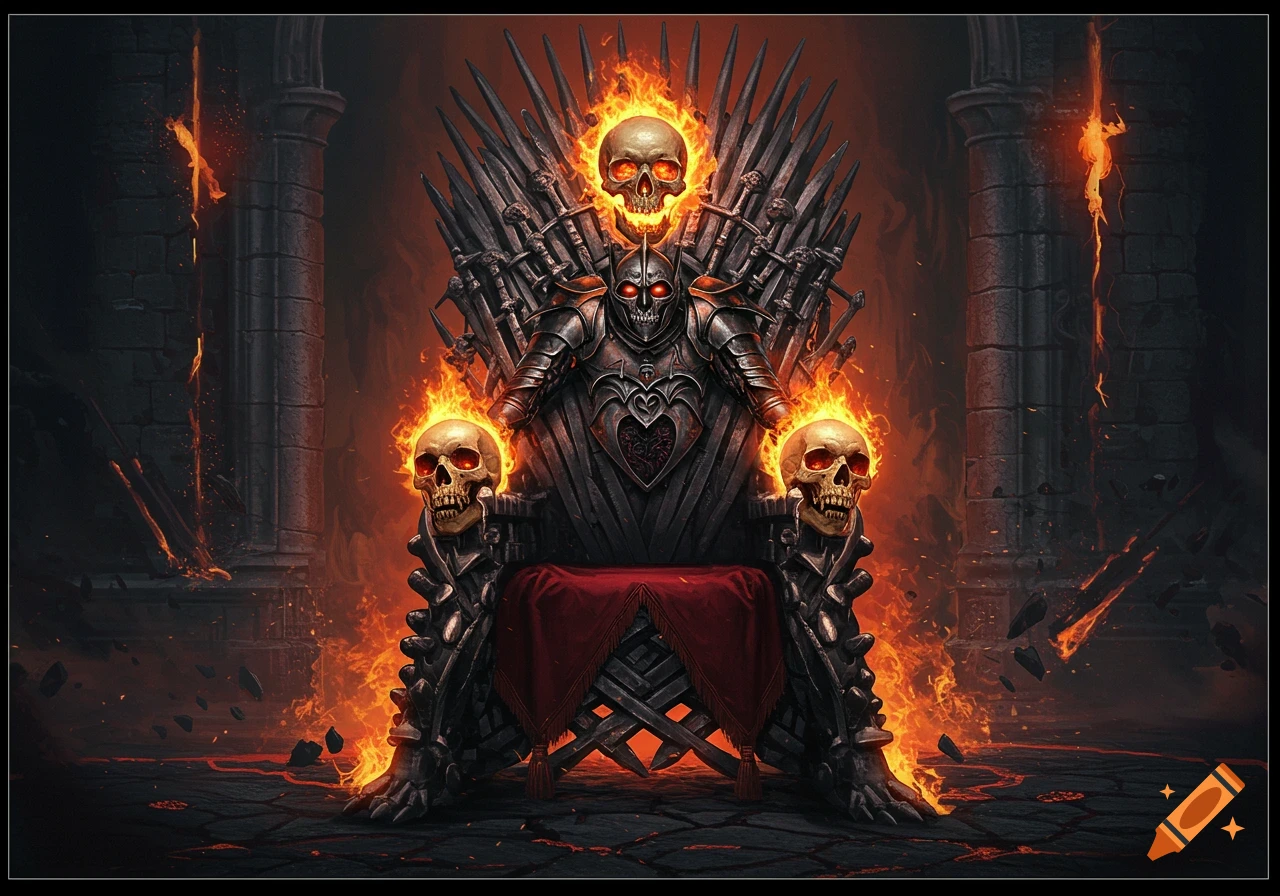 An epic throne made of dark, twisted metal, adorned with flaming skulls ...