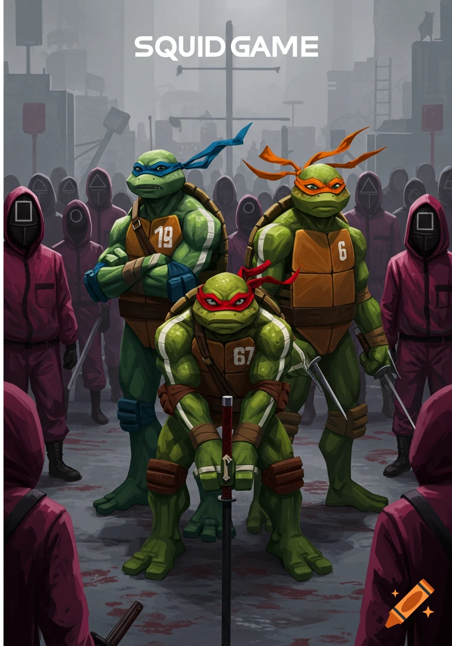 Teenage Mutant Ninja Turtles as Squid Game participants, surrounded by ...