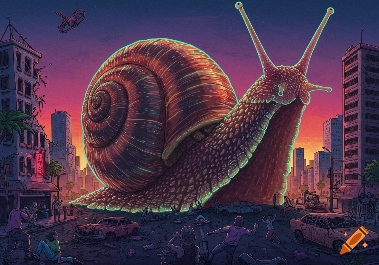 A colossal, glowing snail moves through a stylized city at dusk ...