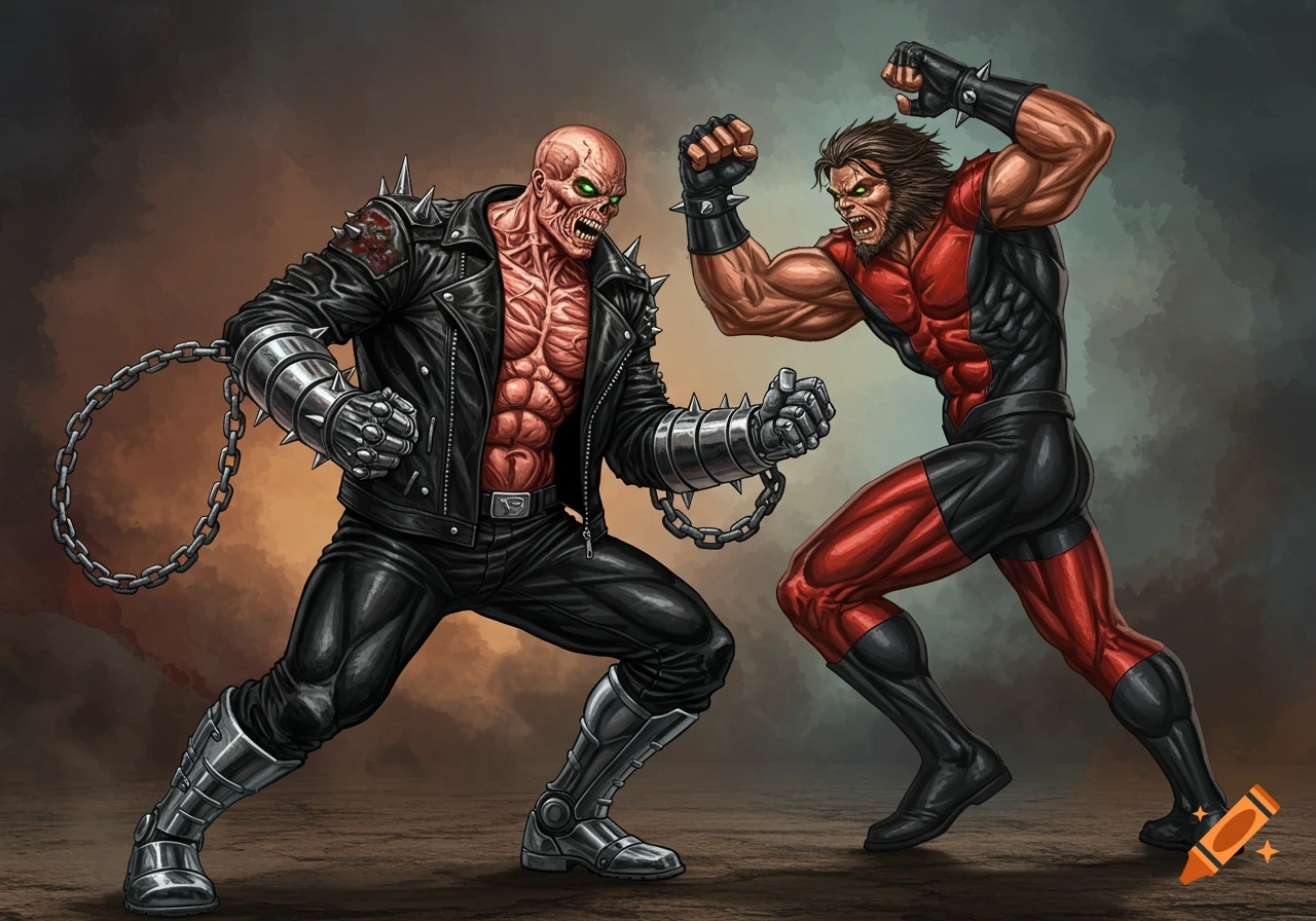 A stylized comic book illustration of two powerful, monstrous humanoids ...