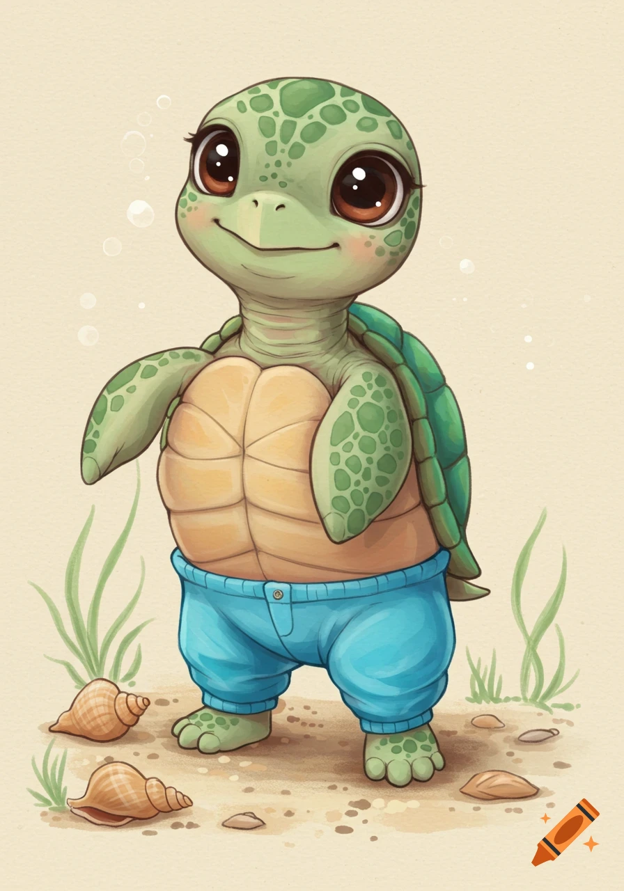 Cute cartoon illustration of a baby turtle wearing blue pants, standing ...