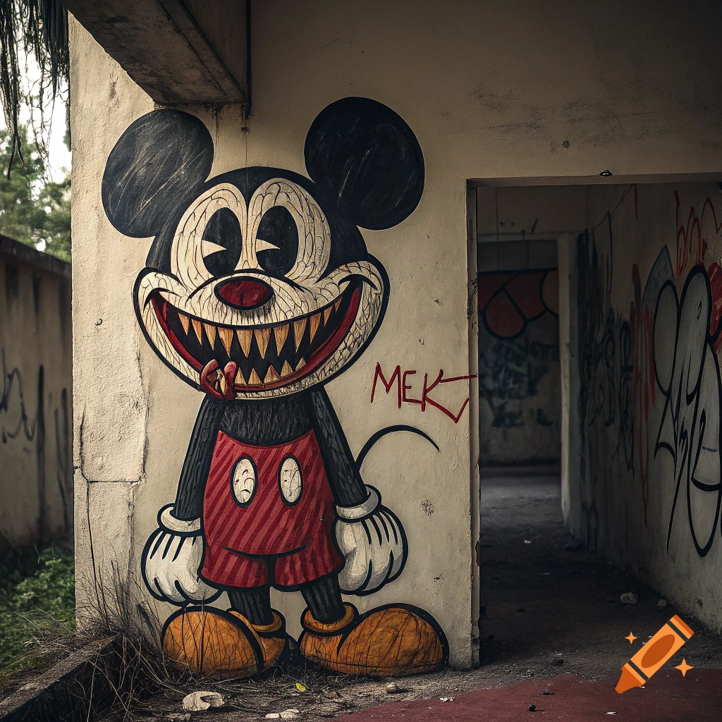 A creepy, sharp-toothed Mickey Mouse graffiti on a concrete wall in an abandoned building. on ...