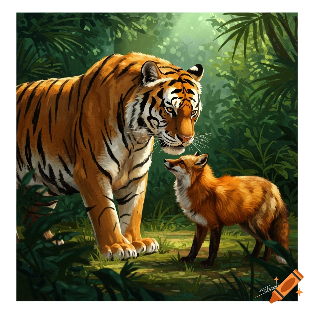 A large tiger stands in a lush green jungle, looking down at a small ...