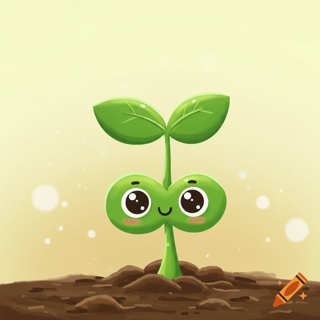 A cute cartoon green plant sprout with big eyes and a smile growing ...