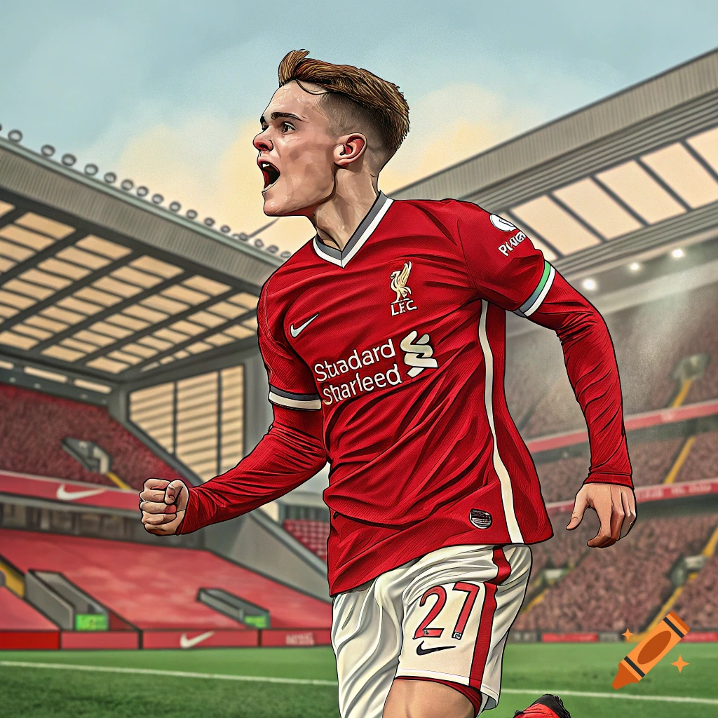 An illustrated image of a soccer player in a red Liverpool FC kit ...