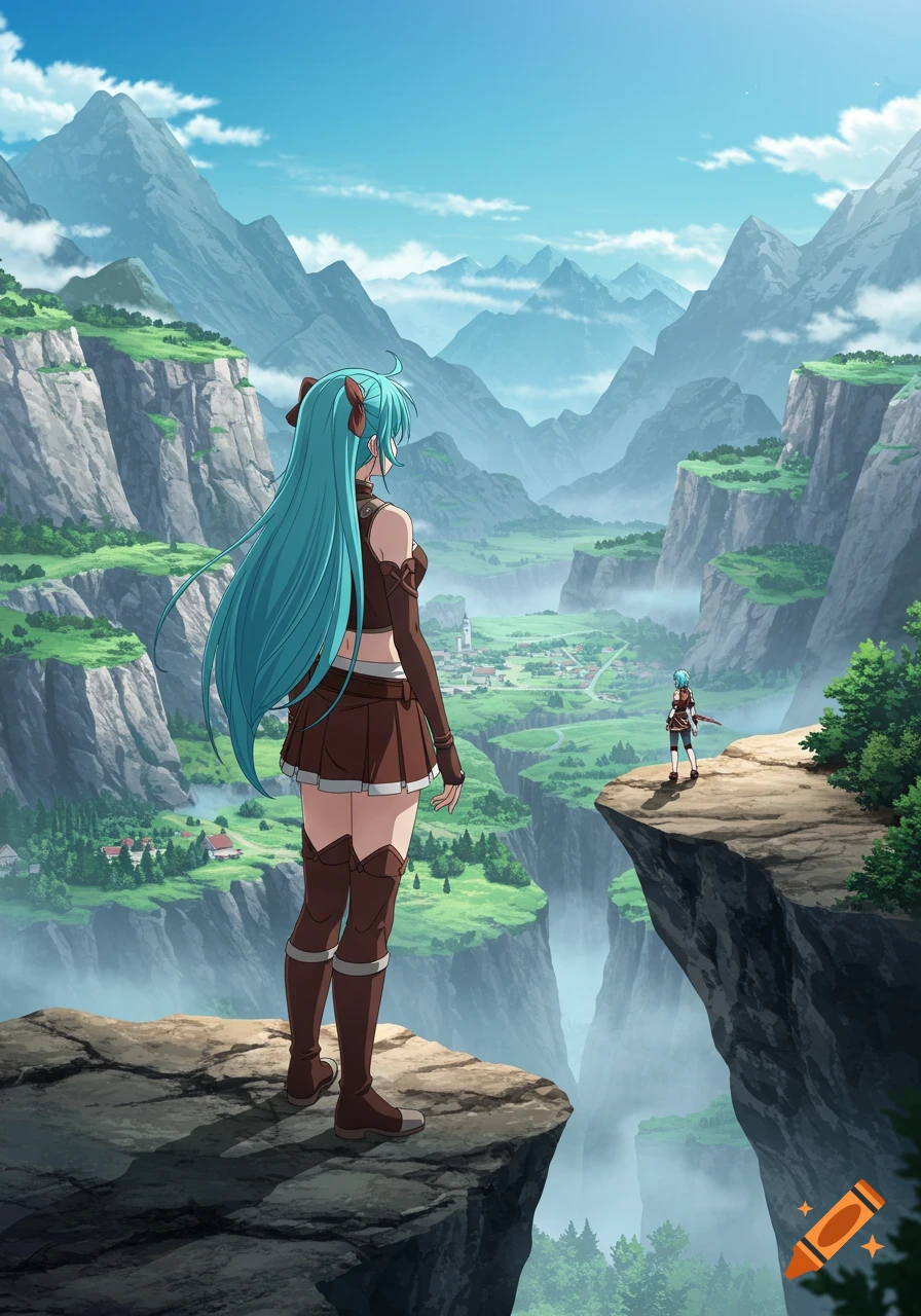 Anime woman on a cliff overlooks a valley with mountains and a village ...