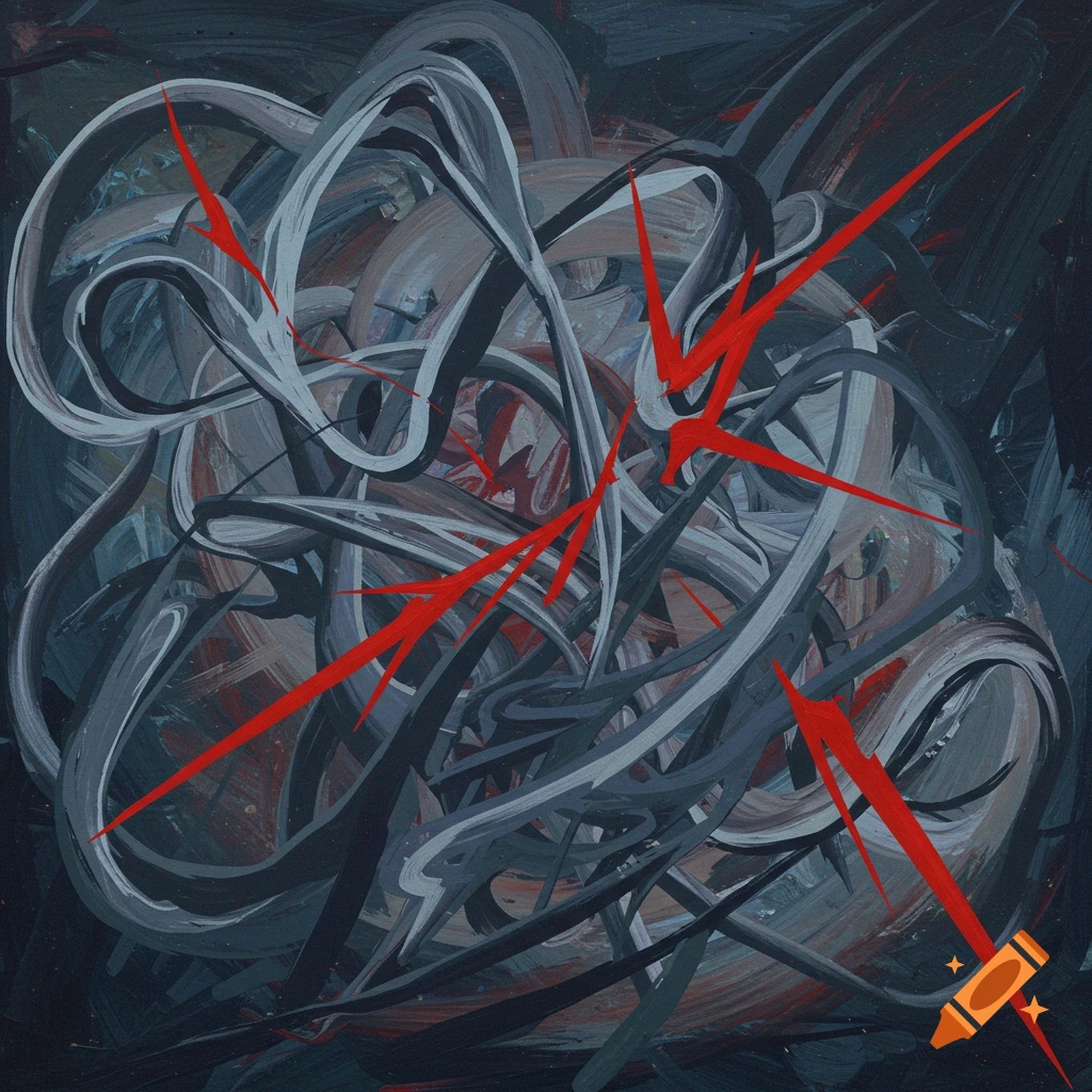 Abstract painting with intertwining gray and black lines, accented by ...