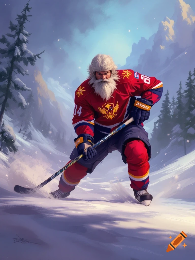 A Santa-like man with a white beard playing ice hockey in a red and ...