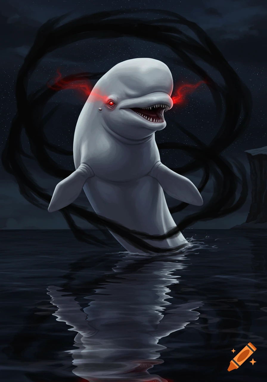 Illustrated menacing beluga whale with red glowing eyes and sharp teeth ...
