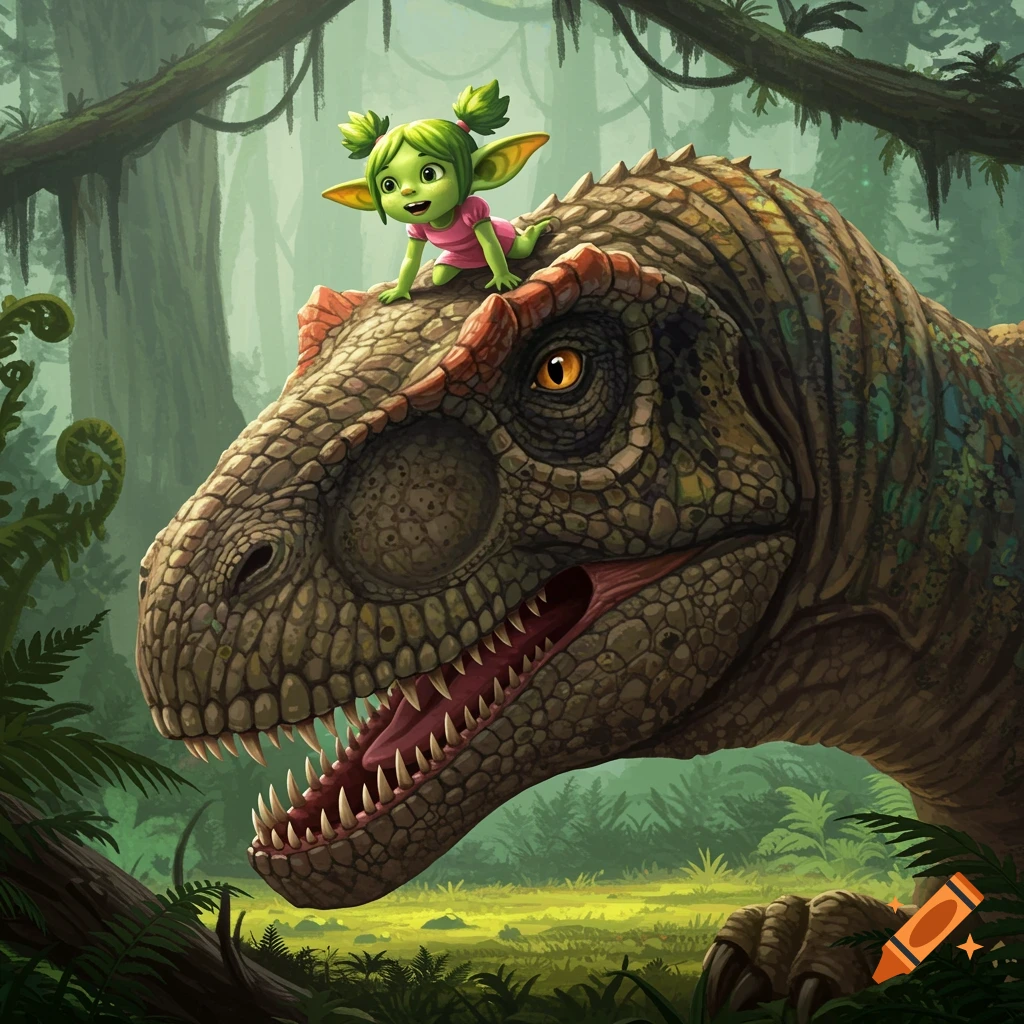 A small green goblin girl in a pink dress rides on the head of a large ...