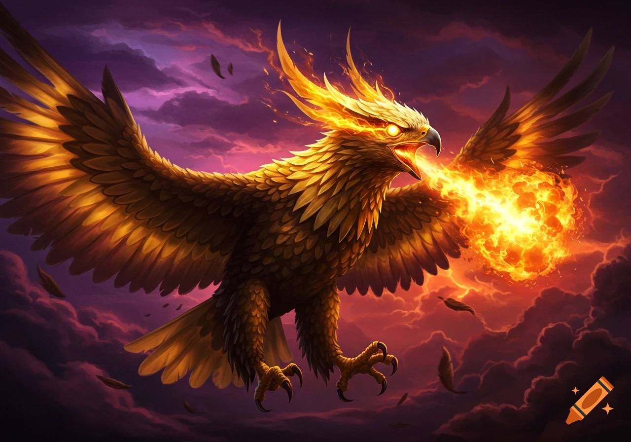 A golden fire-breathing eagle or phoenix with glowing eyes flies ...