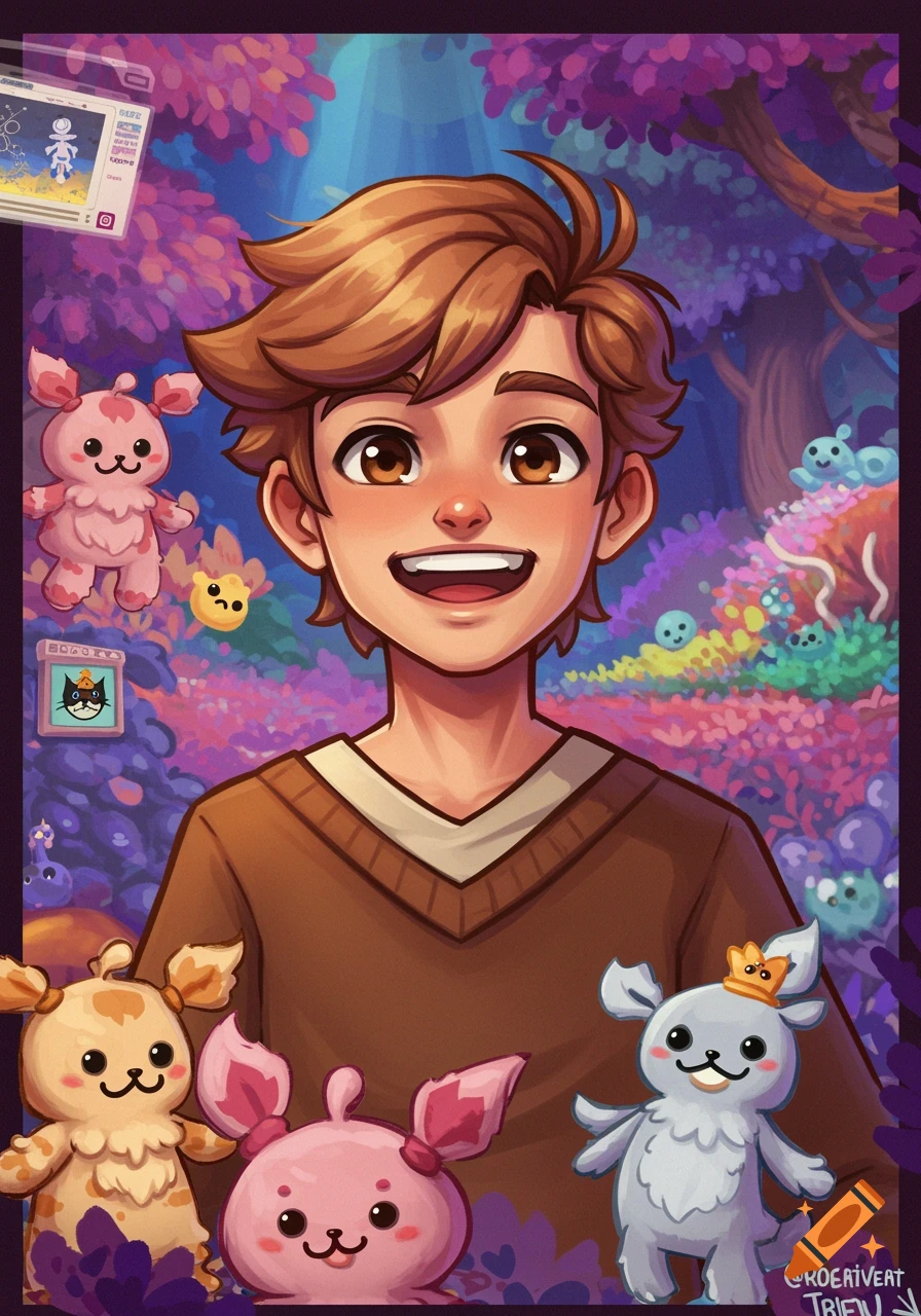 A cartoon boy with brown hair smiles in a vibrant, fantastical forest ...