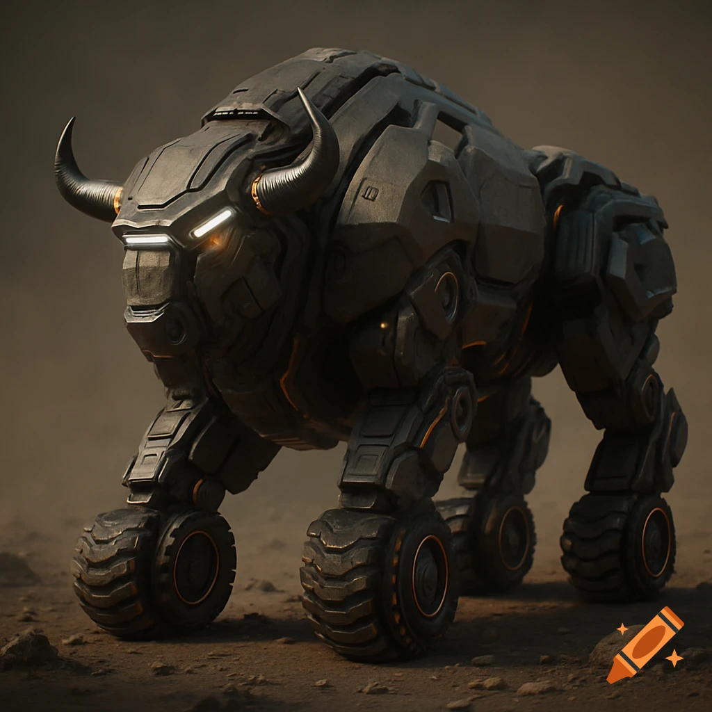 A dark gray, heavily armored biomechanical bison-like robot with ...