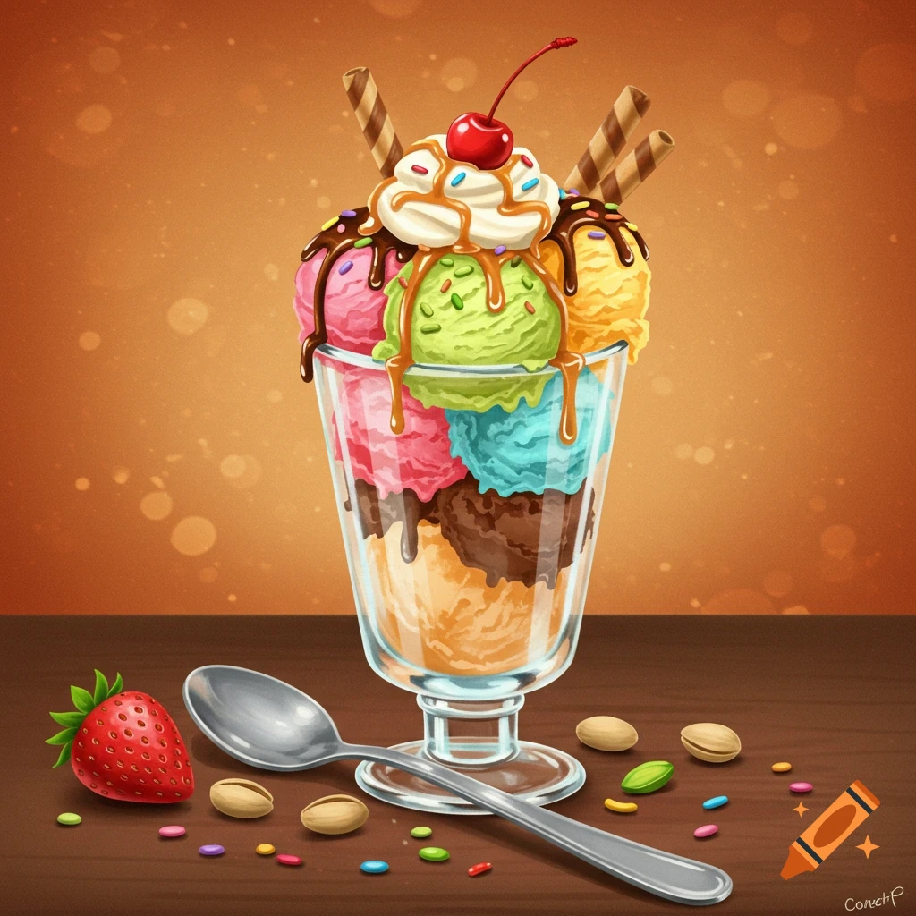 A colorful ice cream sundae in a glass, topped with whipped cream ...