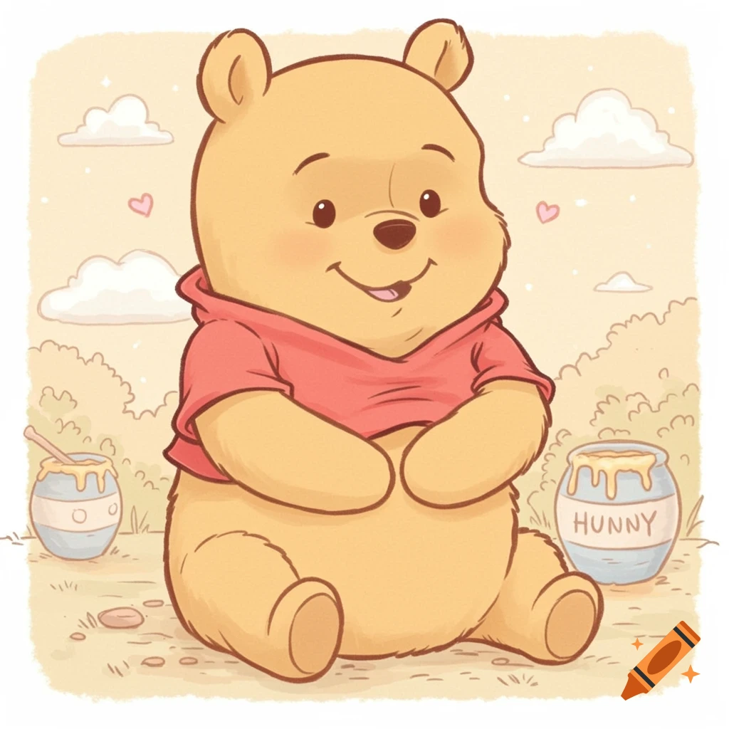 A cute, kawaii-style illustration of Winnie the Pooh sitting with two ...
