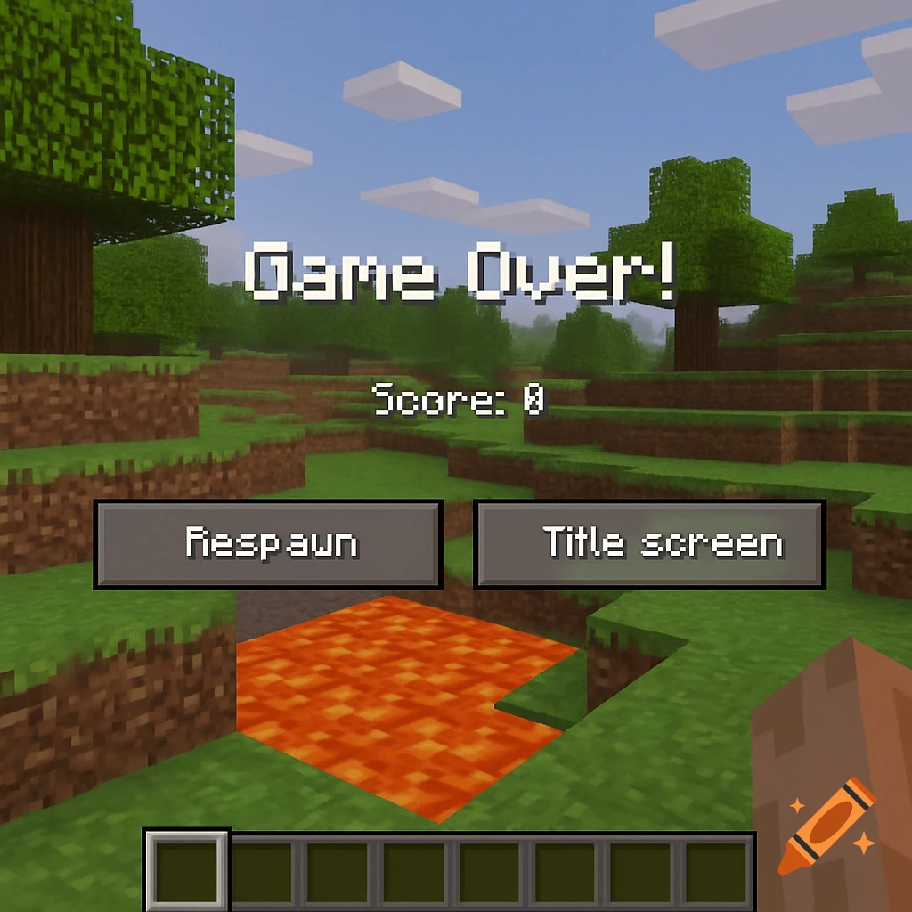 A Minecraft-style 'Game Over!' screen showing a blocky landscape with ...