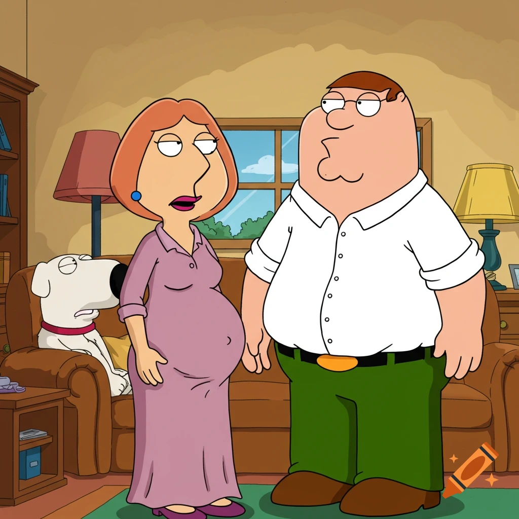 Lois and Peter Griffin from Family Guy stand in their living room, with Lois appearing pregnant ...