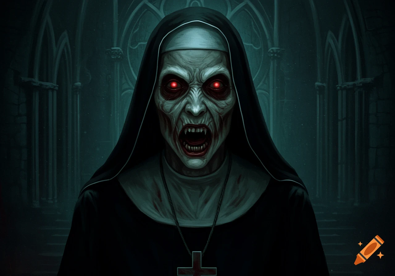 A scary, decaying nun with glowing red eyes and sharp fangs, wearing a ...