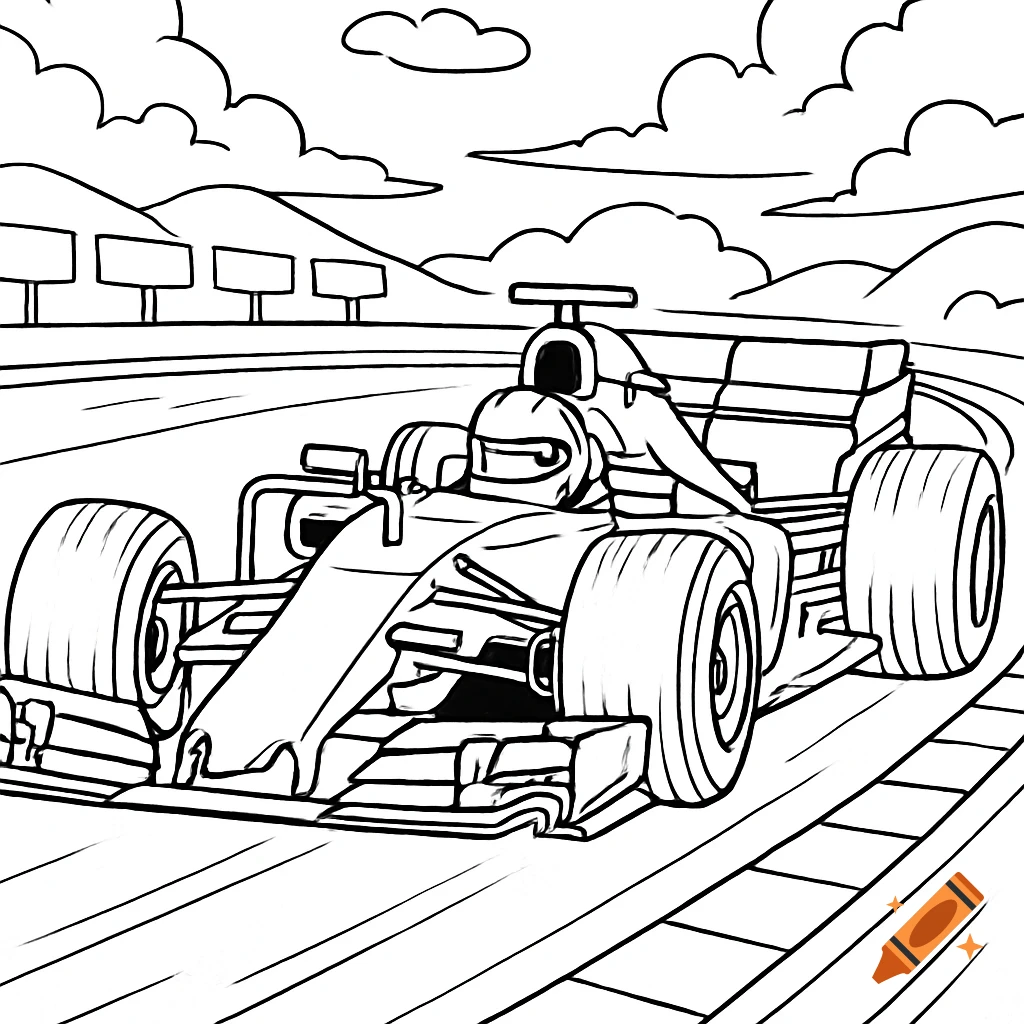 A black and white line drawing of a Formula 1 race car speeding on a ...