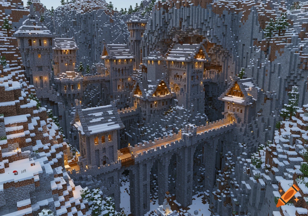 A majestic Minecraft-style medieval stone castle with multiple towers ...