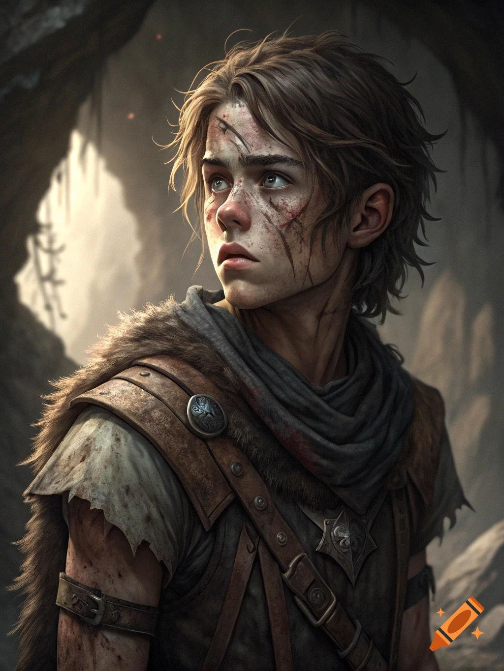 A young male fantasy character with scars on his face, wearing a fur ...