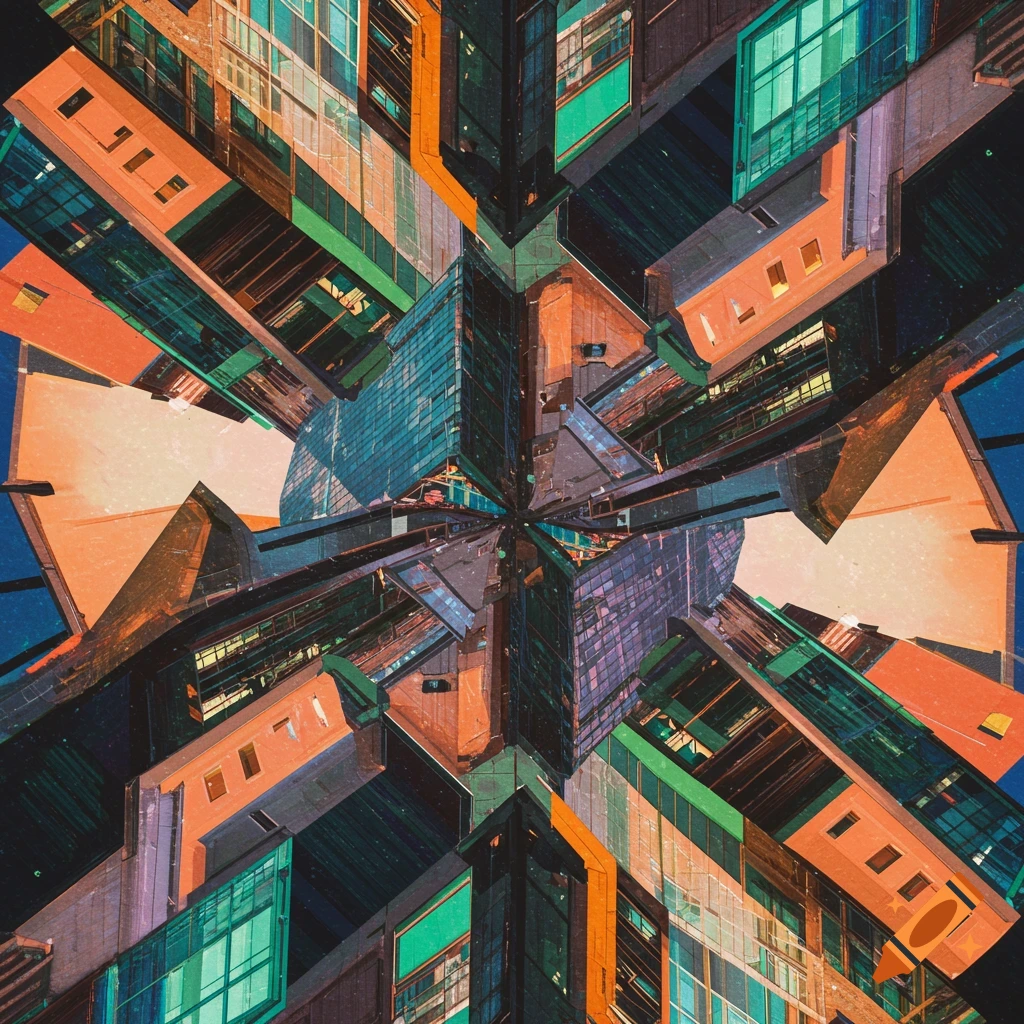 Abstract, kaleidoscope-like collage of modern building facades. on Craiyon