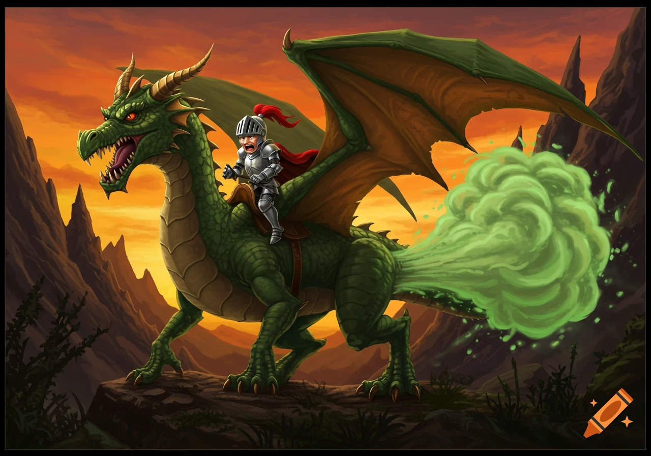 A cartoon knight rides on the back of a large green dragon that is ...