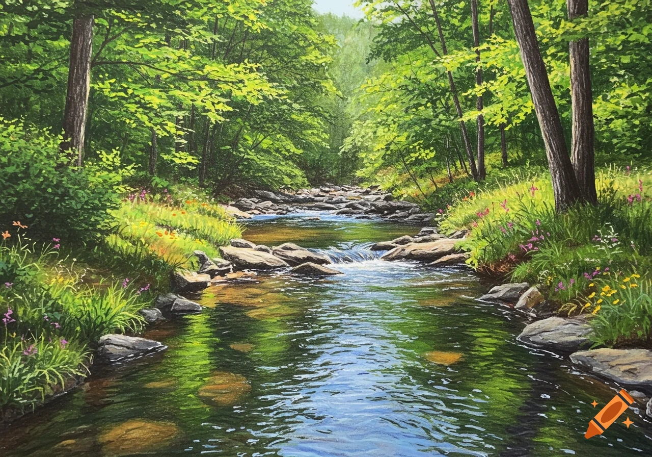 A vibrant colored pencil drawing of a summer stream flowing over rocks ...