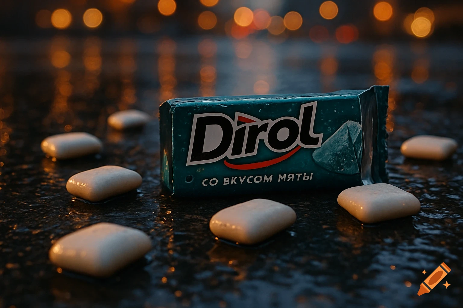 Photorealistic close-up of a pack of Dirol chewing gum and scattered ...