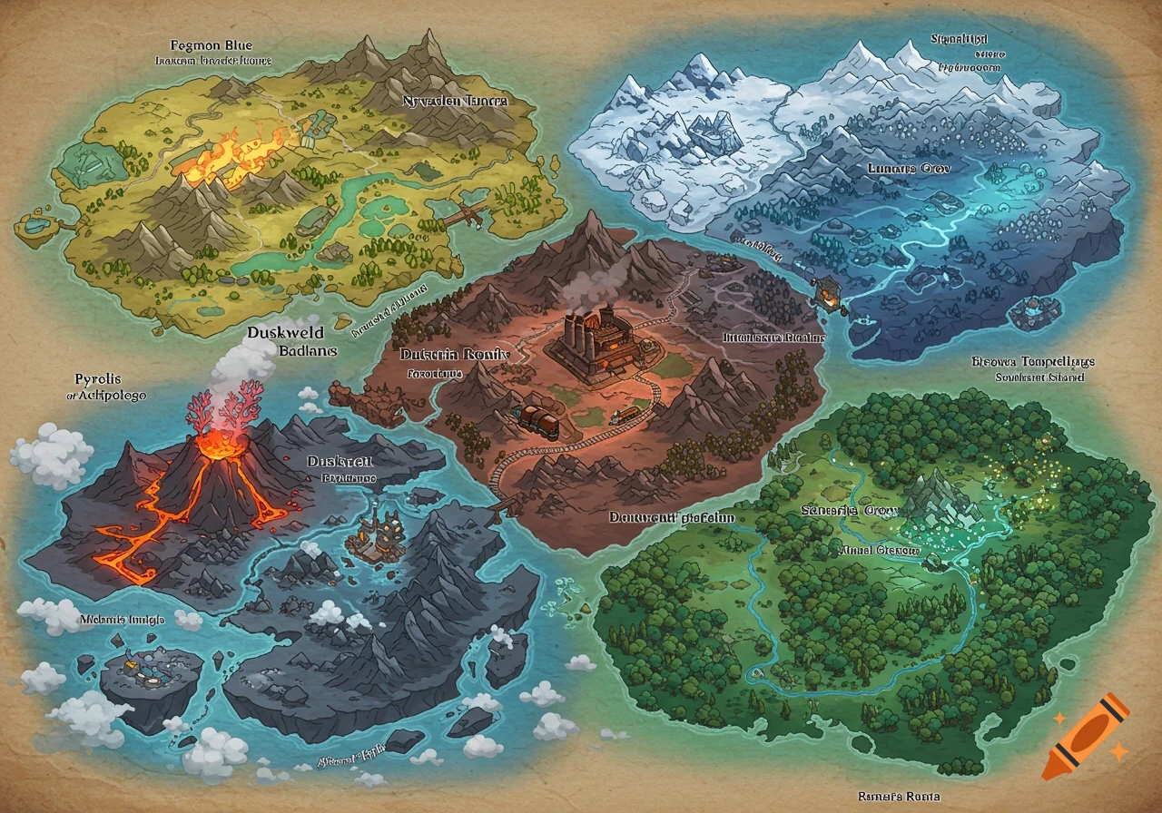A colorful fantasy map depicting five distinct biomes, including a ...