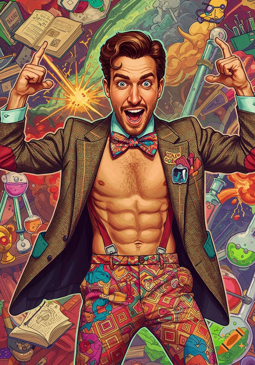 A vibrant comic art illustration of a shirtless, fit, wacky professor ...