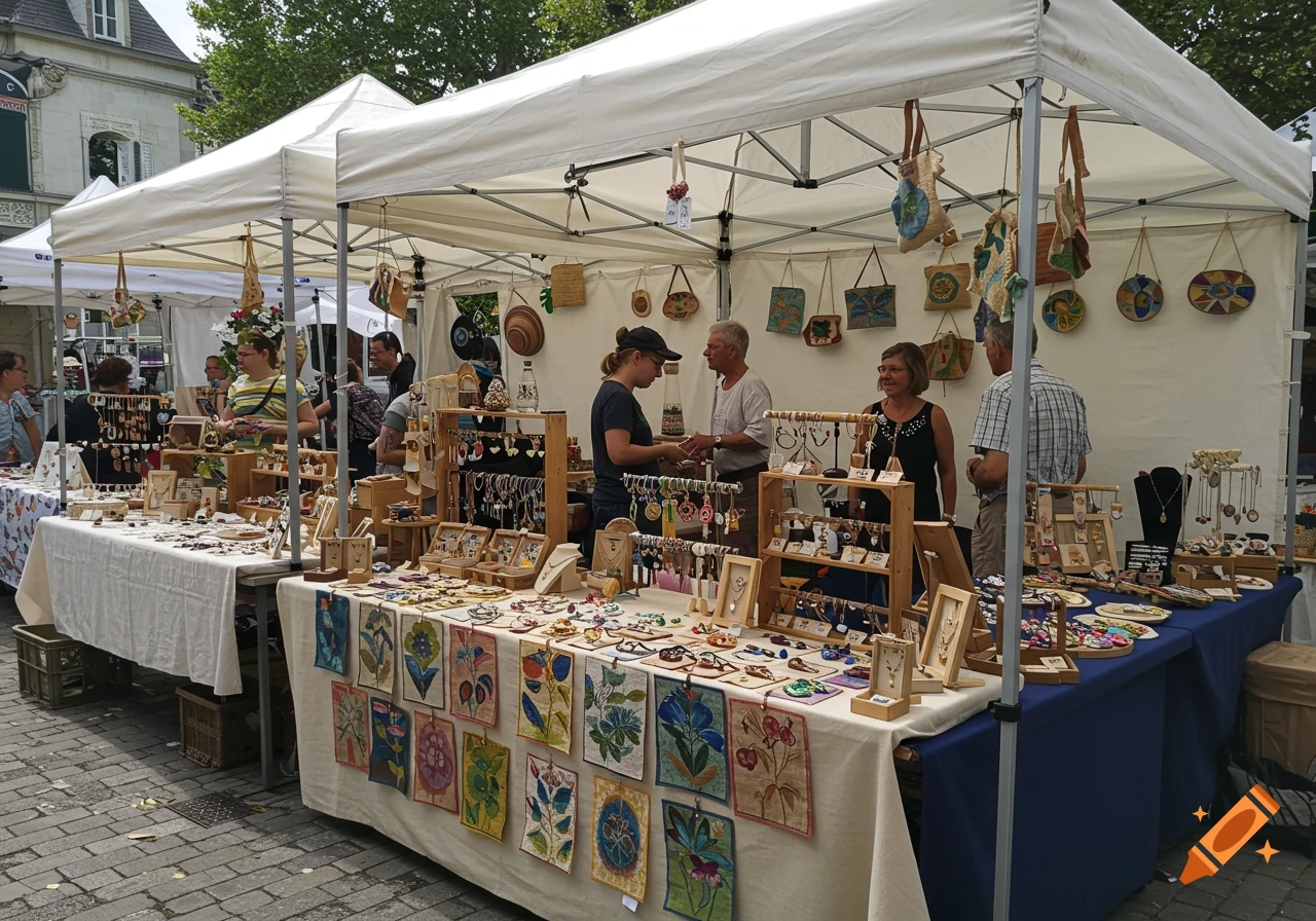 A lively outdoor craft fair with vendors and customers browsing ...