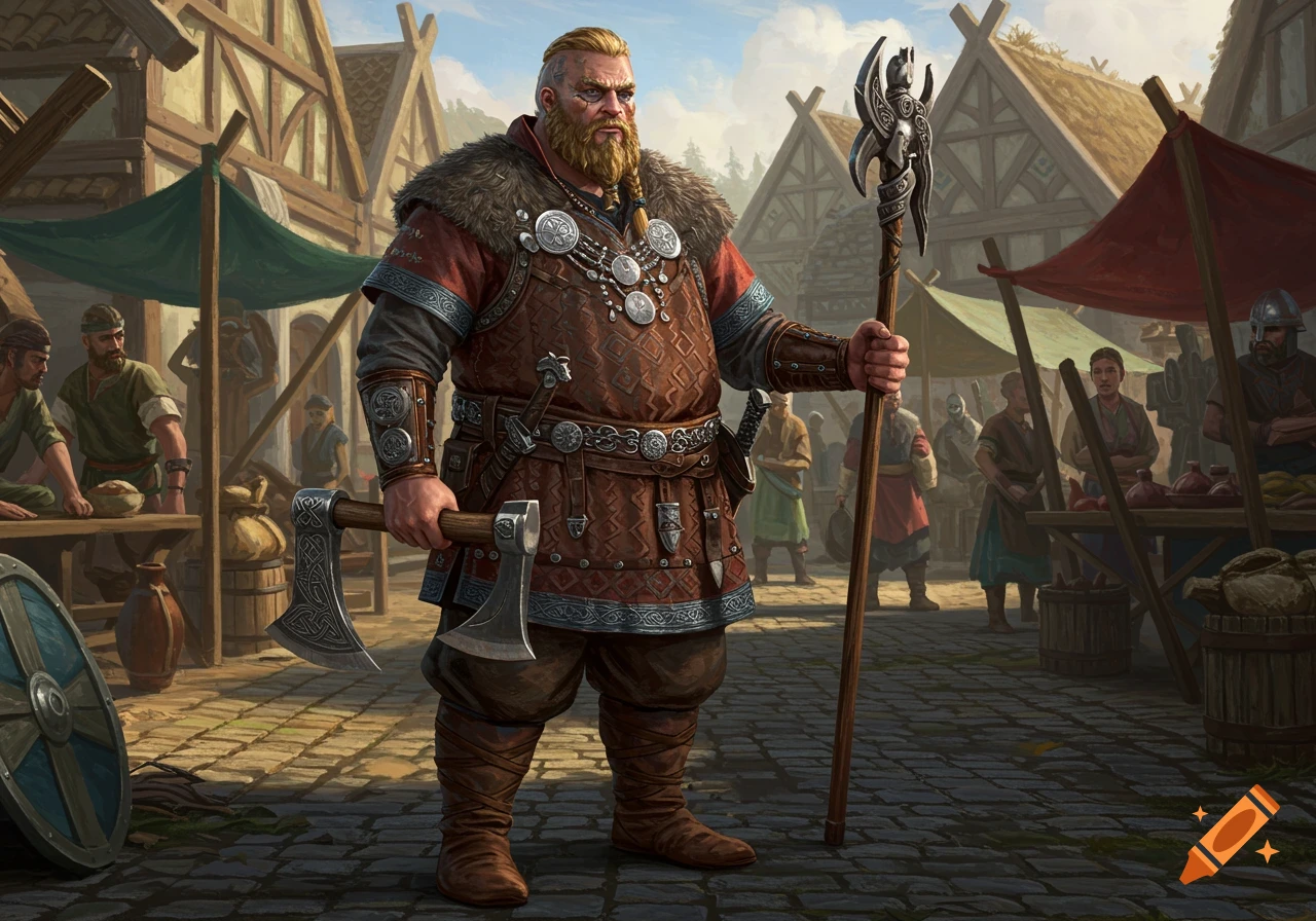 A large, bearded Viking-style man in armor with an axe and staff stands ...