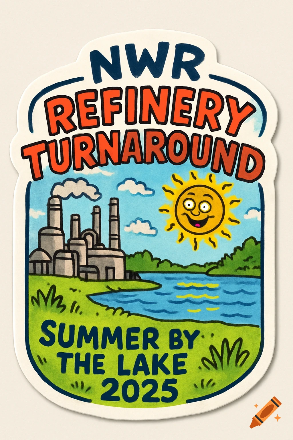 Cartoon sticker of a refinery by a lake with a smiling sun, text 'NWR ...