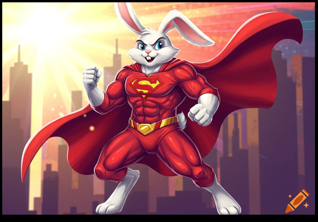 A muscular white rabbit in a red superhero suit with an S emblem and ...