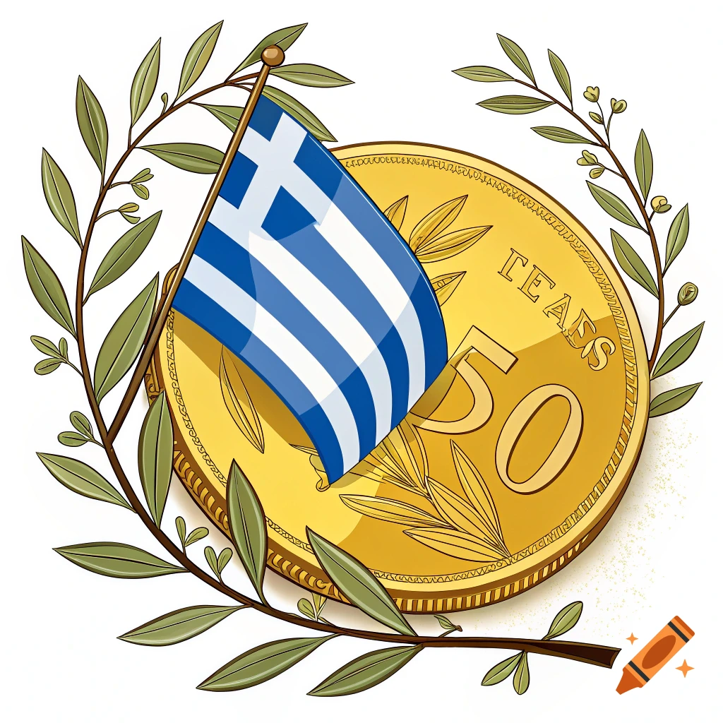 An illustration featuring a waving Greek flag on a pole, partially ...