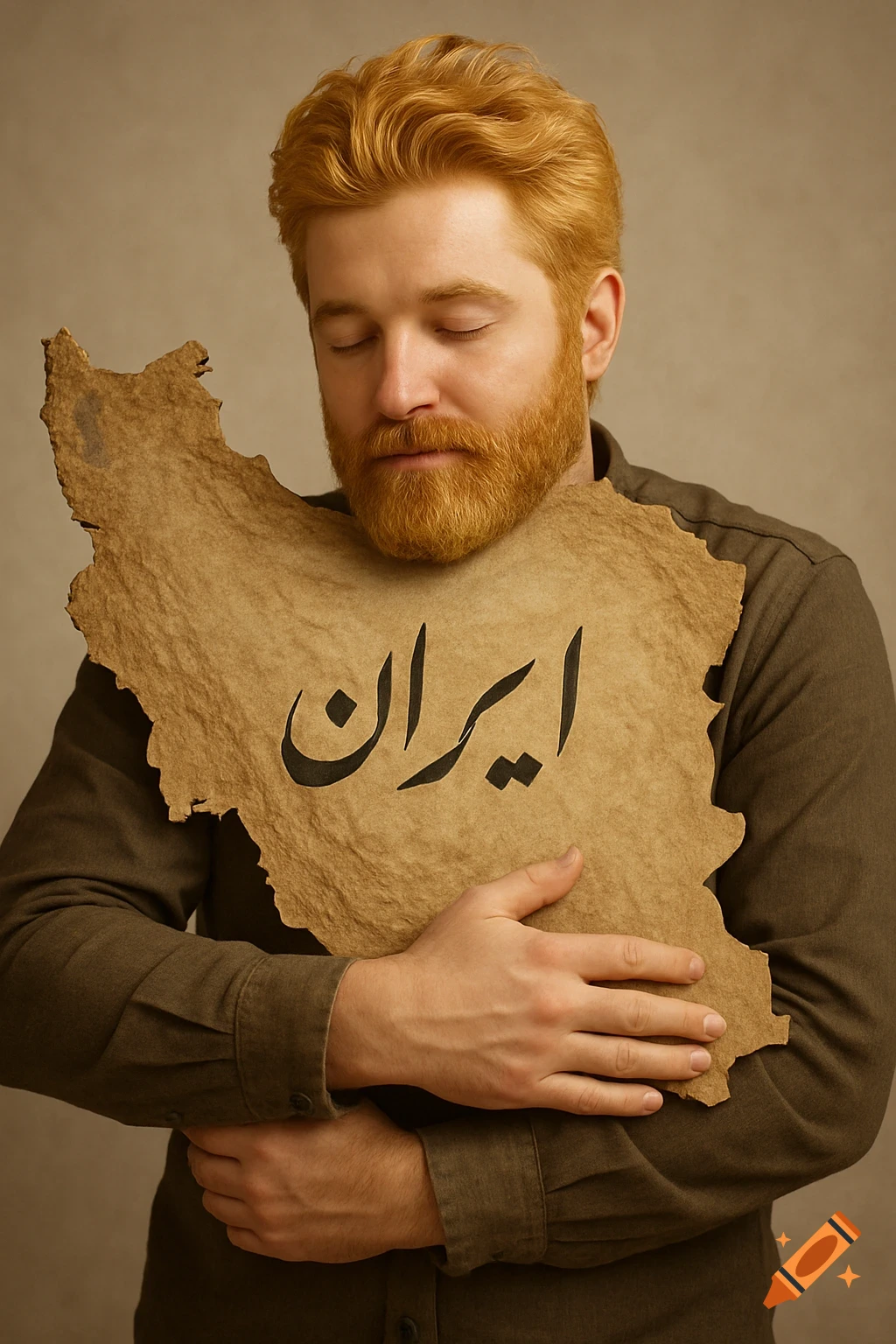 A man with red hair and beard, eyes closed, tenderly embraces a map of ...